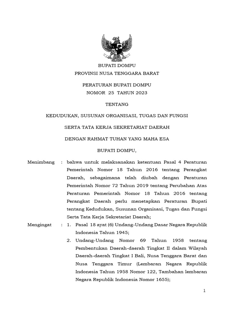PERBUP NO 25 TAHUN 2023 TENTANG KEDUDUKAN, SUSUNAN ORGANISASI TUGAS DAN ...