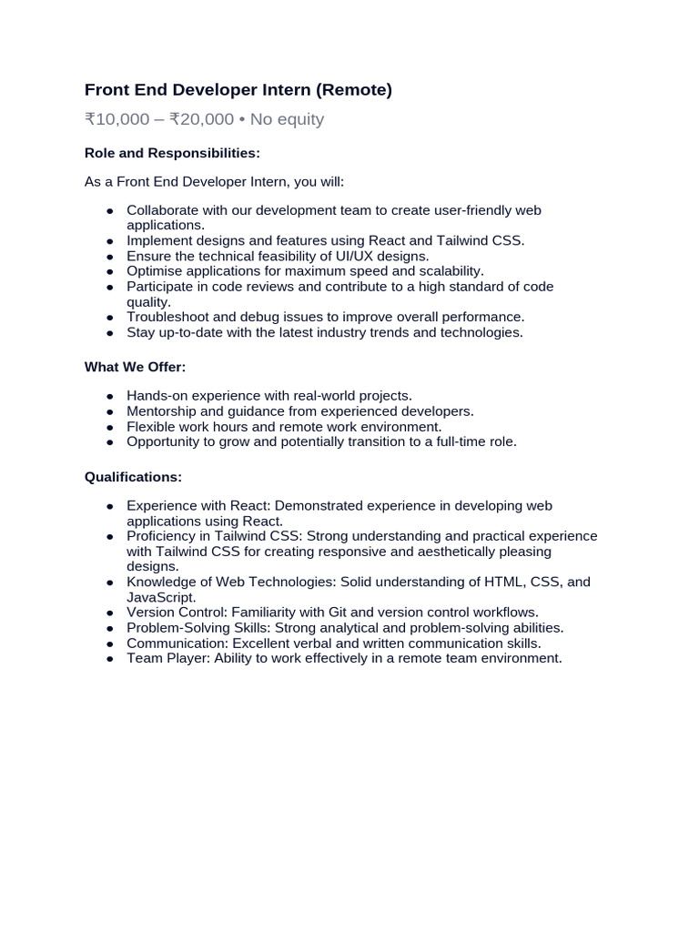 Front End Developer Intern Job Description | PDF