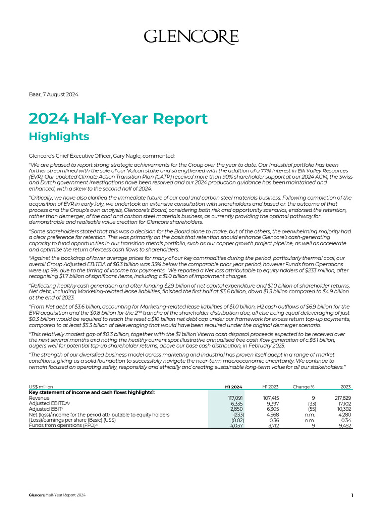 GLEN 2024 Half Year Report | PDF | Glencore | Equity (Finance)