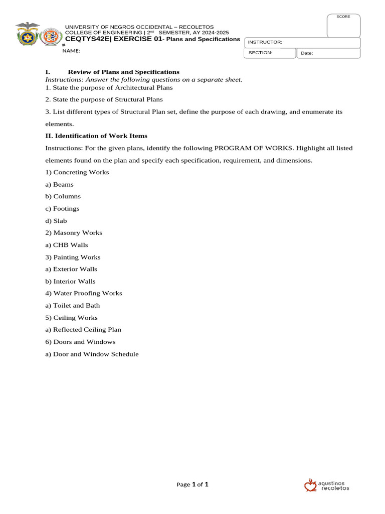 Exercise01 CEQTYS42E Plans and Specifications | PDF