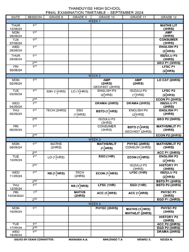 Term 3 - Final Examination Timetable | PDF
