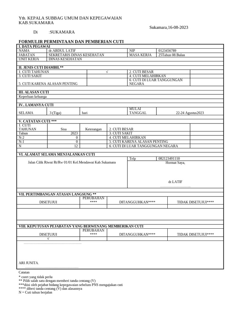 Formulir Cuti TTE (Contoh) | PDF