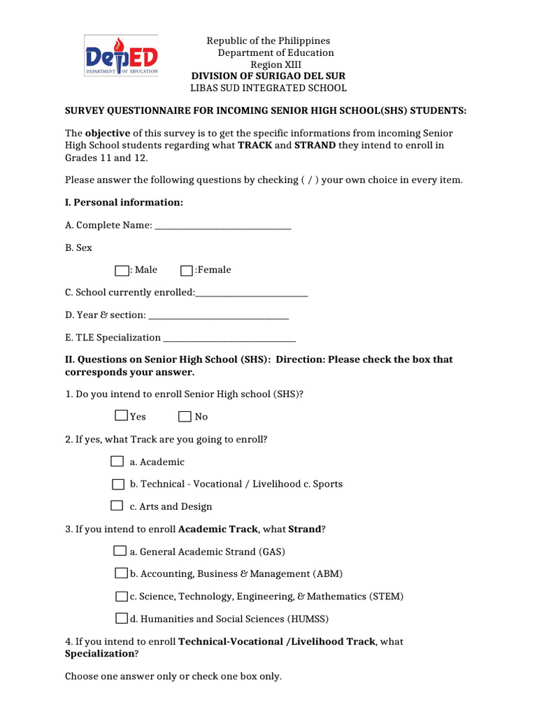 SHS Enrollment Survey for 2024-2025 | PDF