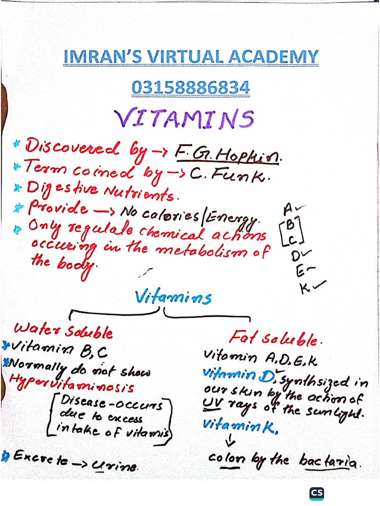 Hand written notes of Vitamins,Carbohydrate,Proteins,Mineral & water | PDF