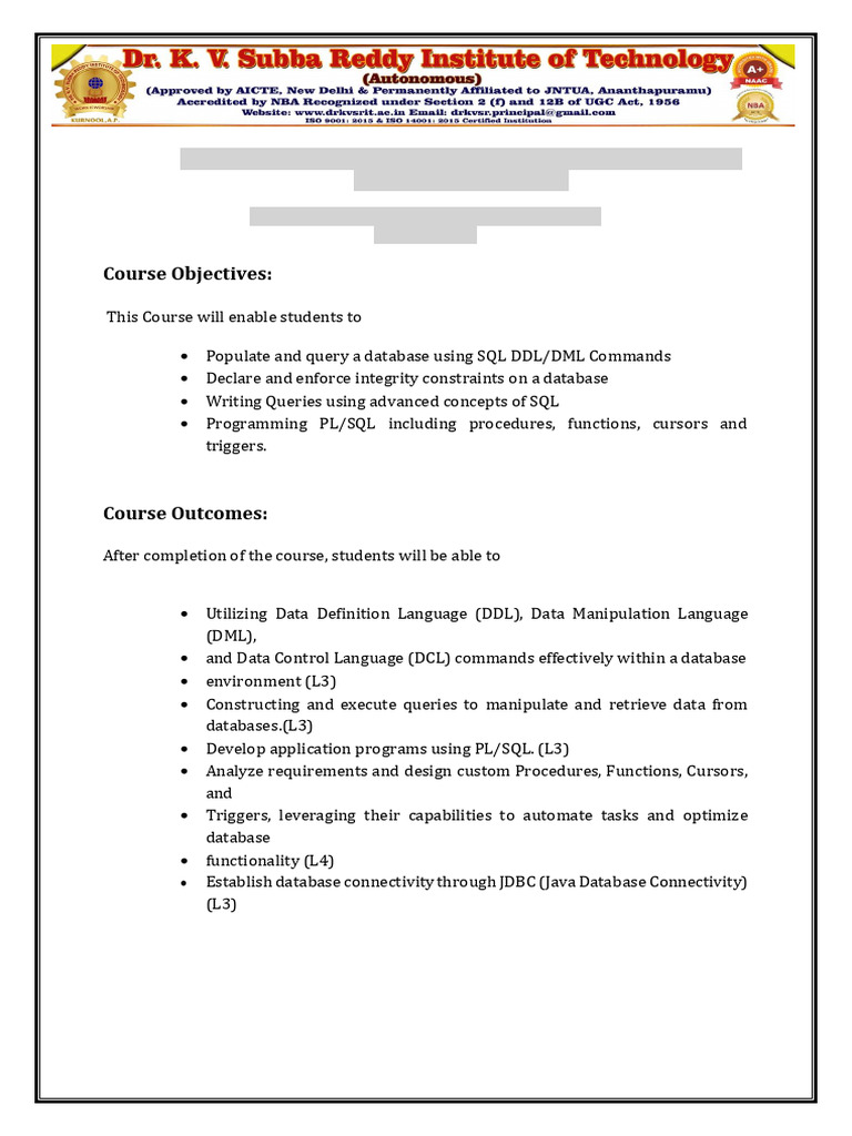 DBMS (R23) Lab Manual - Final | PDF | Databases | Sql