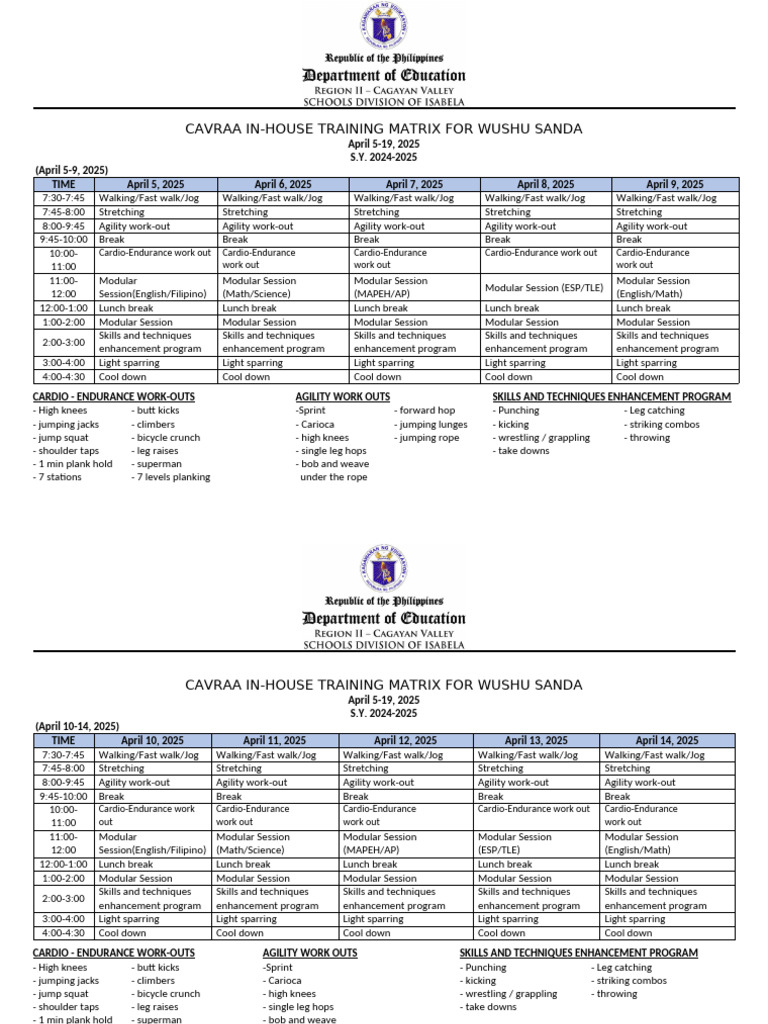 Wushu Cavraa Training Matrix 2025 | PDF | Individual Sports | Combat Sports