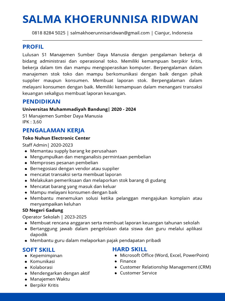 CV Salma Khoerunnisa Ridwan | PDF