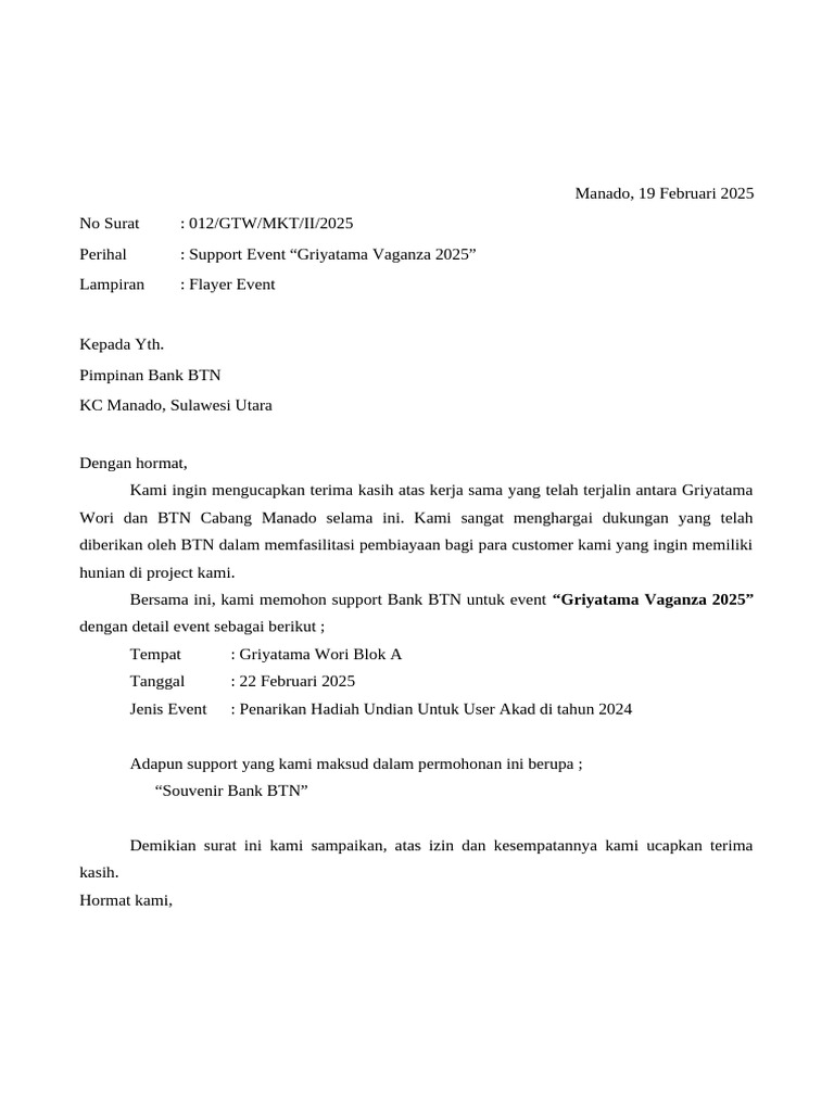 SURAT PERMOHONAN SPONSOR BANK - GTW | PDF