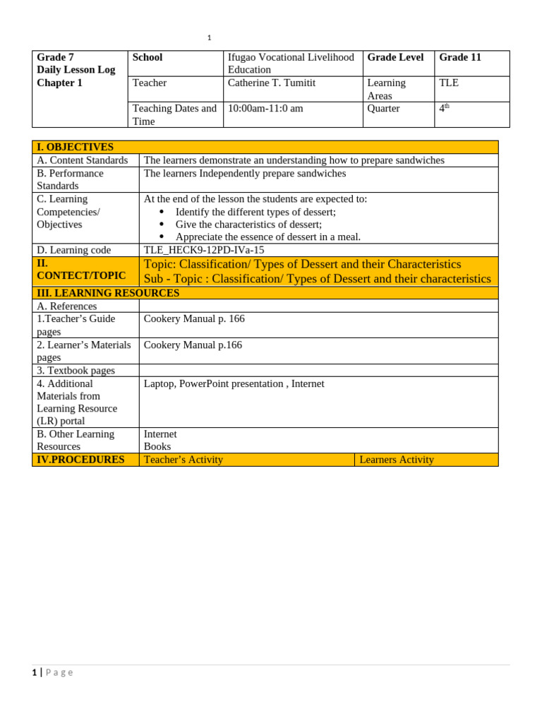 Detailed Lesson Plan Dessert | PDF | Desserts | Custard