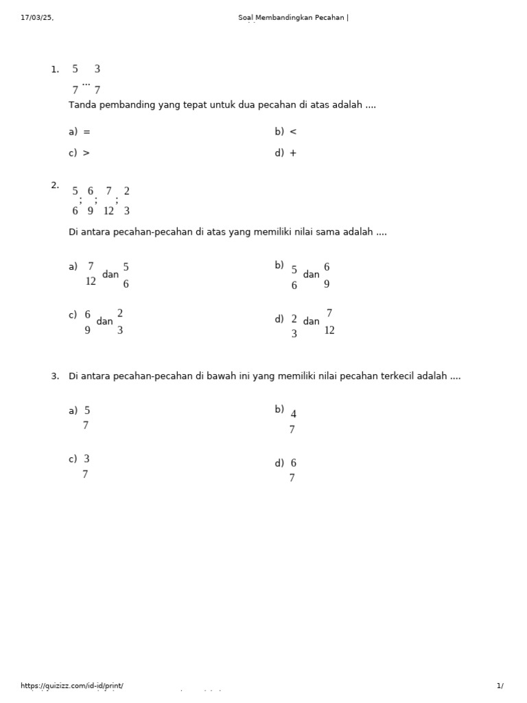 Soal Membandingkan Pecahan | PDF