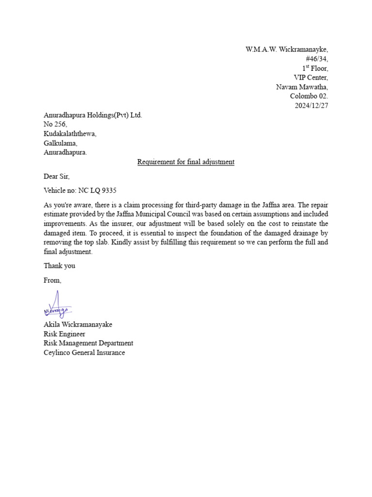 Final Adjustment Request for Vehicle Claim | PDF