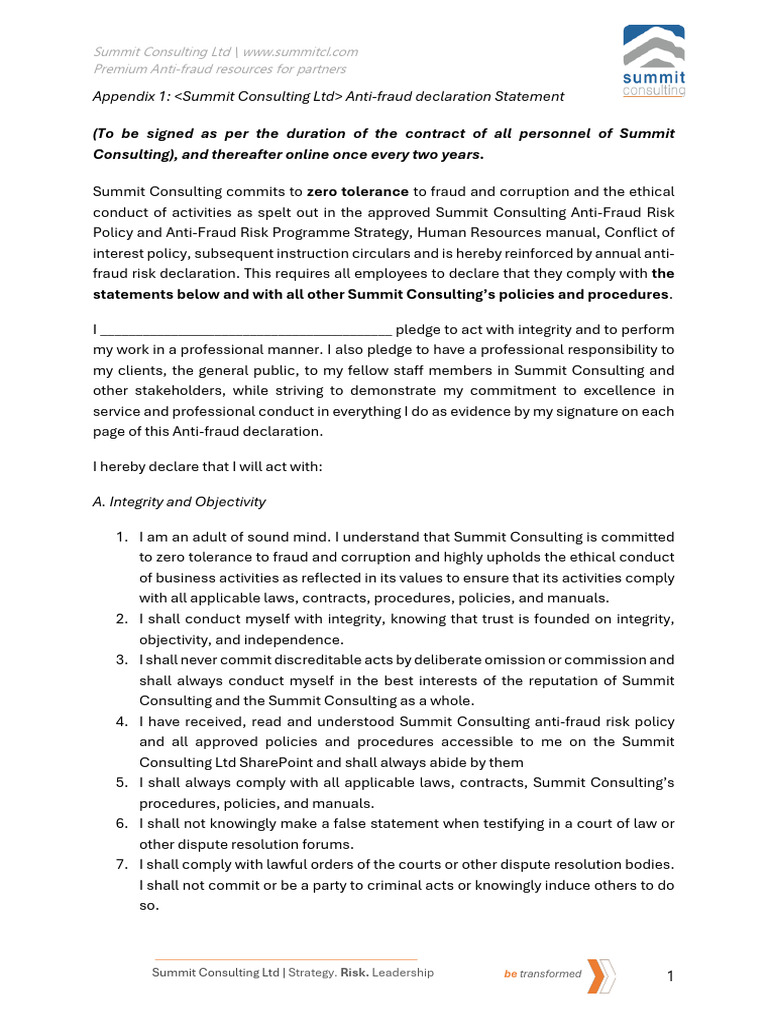 Anti-fraud Risk Declaration Statement template | PDF | Fraud | Justice