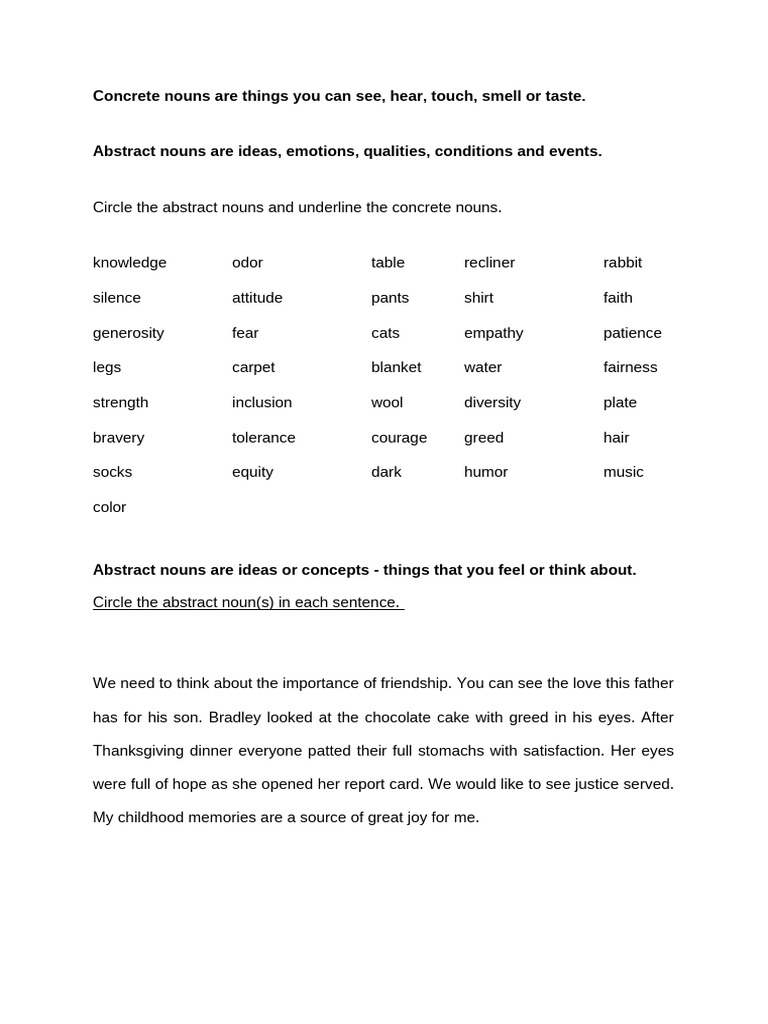 Concrete vs. Abstract Nouns Guide | PDF