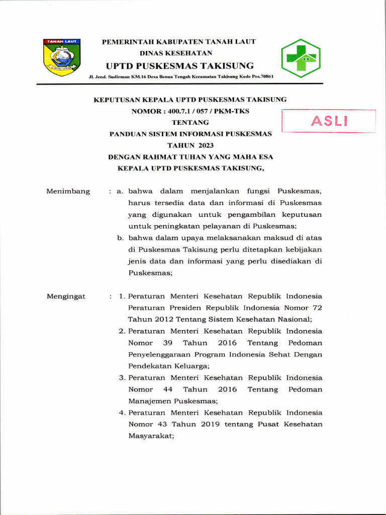 SK Panduan Sistem Informasi Puskesmas | PDF