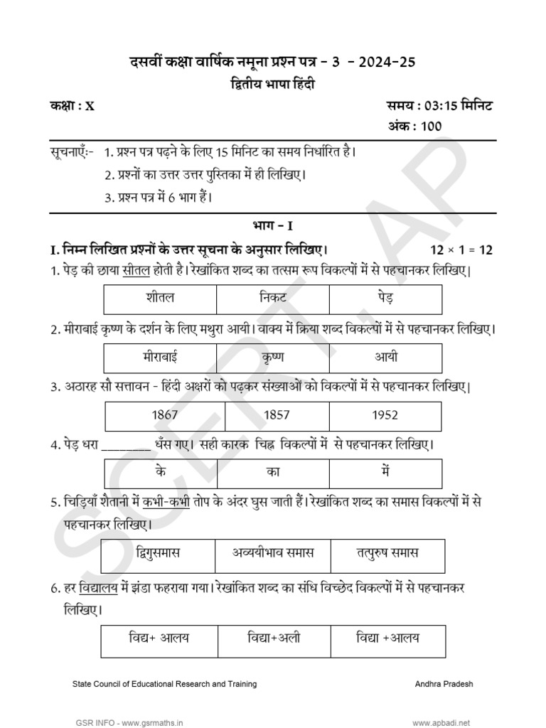 SCERT Hindi Model Paper 3 | PDF