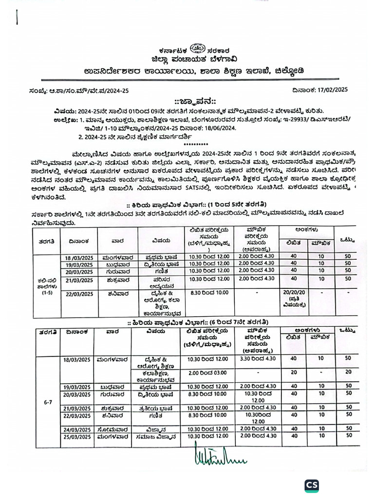 Chikkodi SA-2 Time Table 2024-25 | PDF