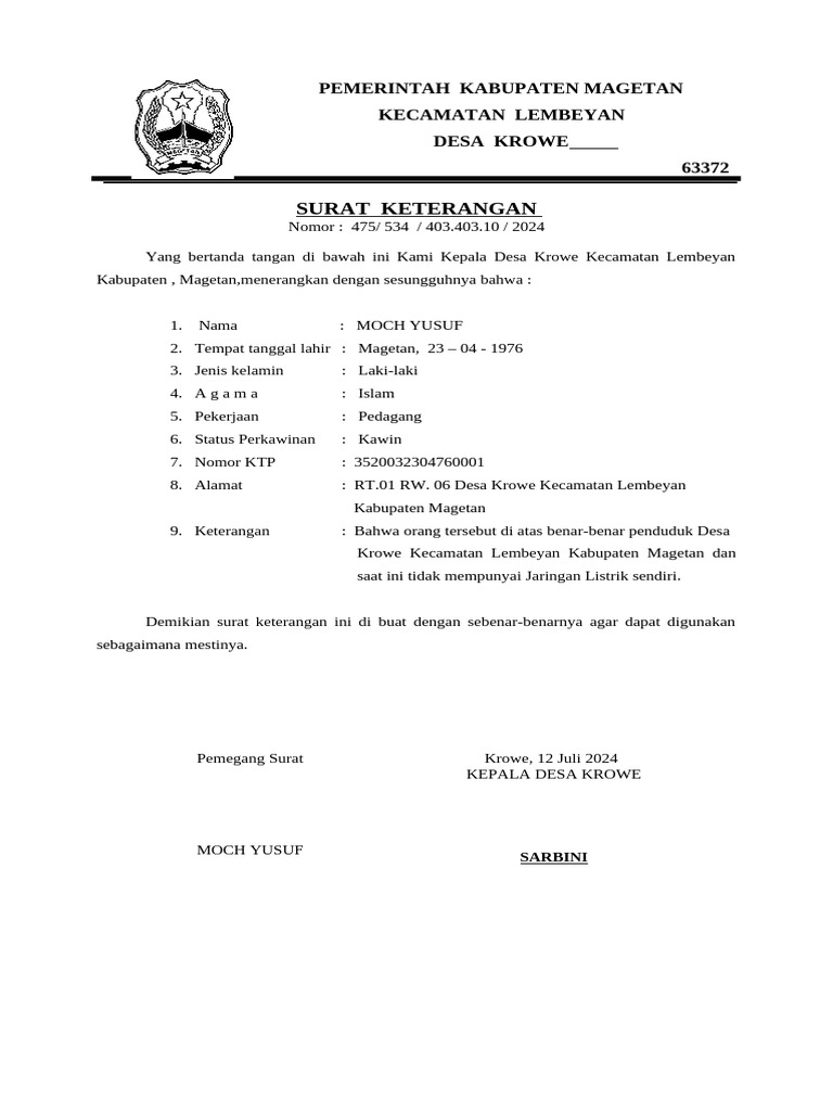 Keterangan Tidak Punya Jaringan Listrik | PDF