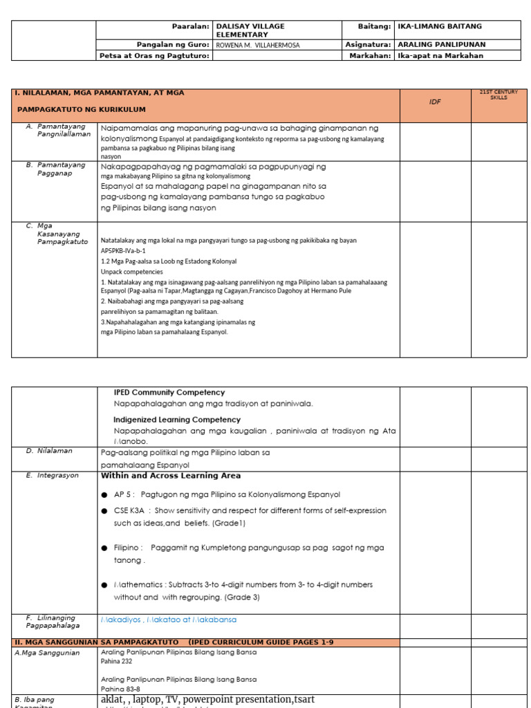 AP 5 Lesson Exemplar Integration of IKSPs BASJHEN Final AP5 DLP MATATAG | PDF