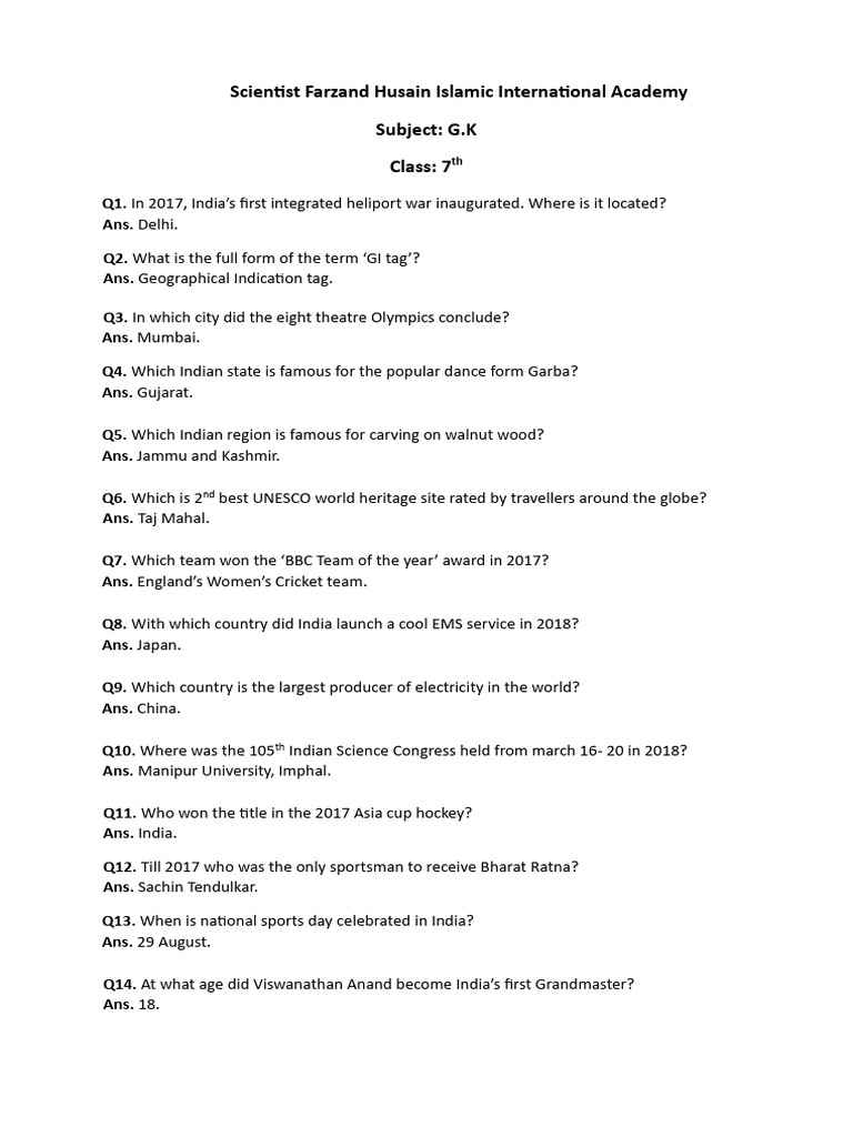 G.K. Questions and Answers for Class 7 | PDF