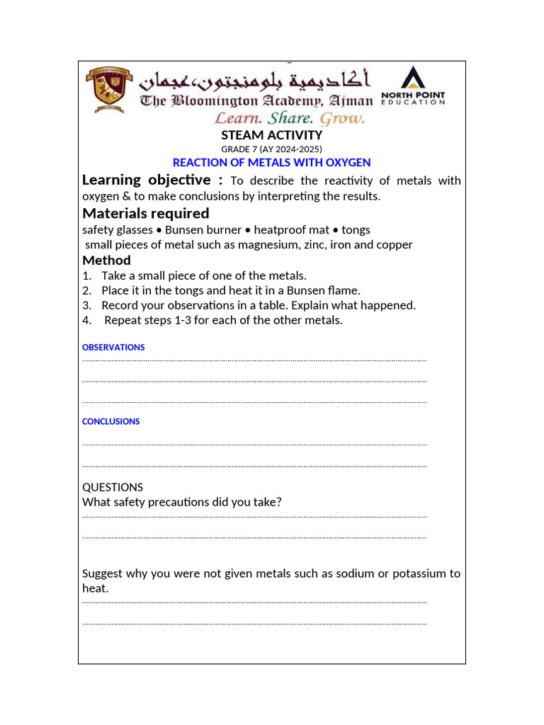 Metals and Oxygen Reaction Experiment | PDF