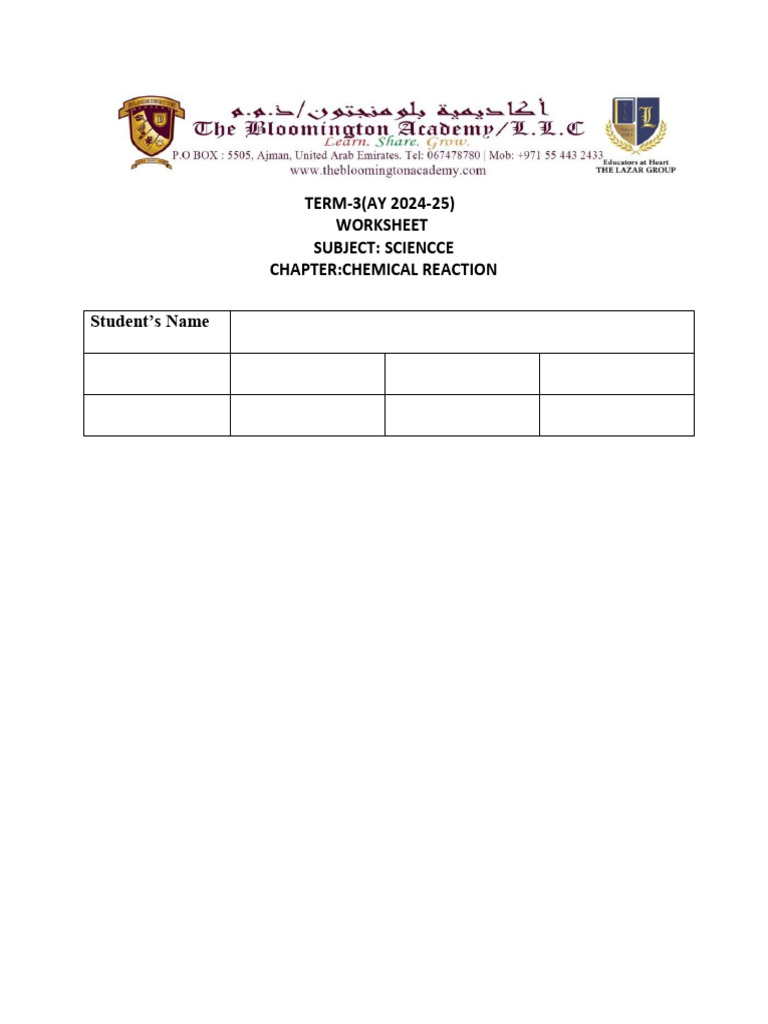 Term 3 Science Worksheet: Chemical Reactions | PDF | Chemical ...