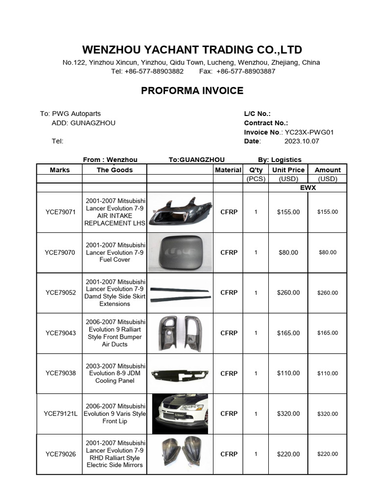 Wenzhou Yachant Trading Co.,Ltd: Proforma Invoice | PDF | Wheeled ...