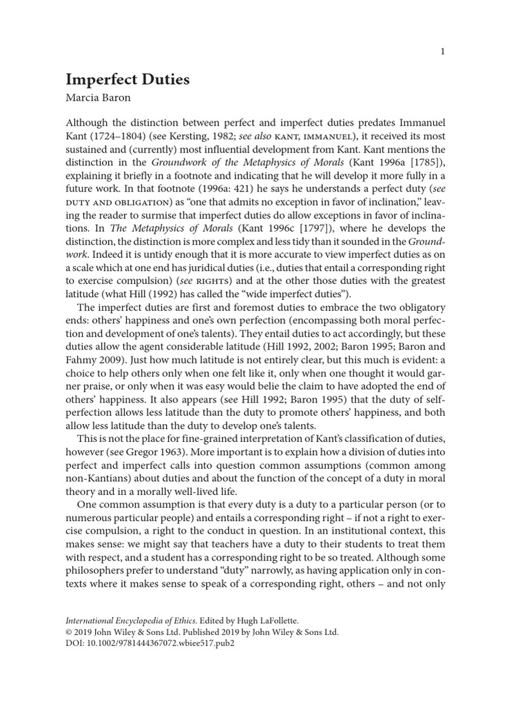 Marcia Baron - Imperfect Duties | PDF | Immanuel Kant