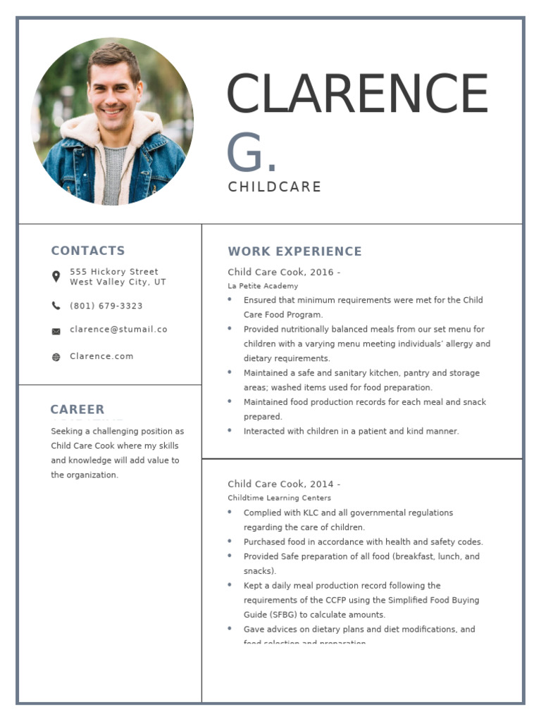 Child Care Cook Resume US | PDF | Child Care | Meal