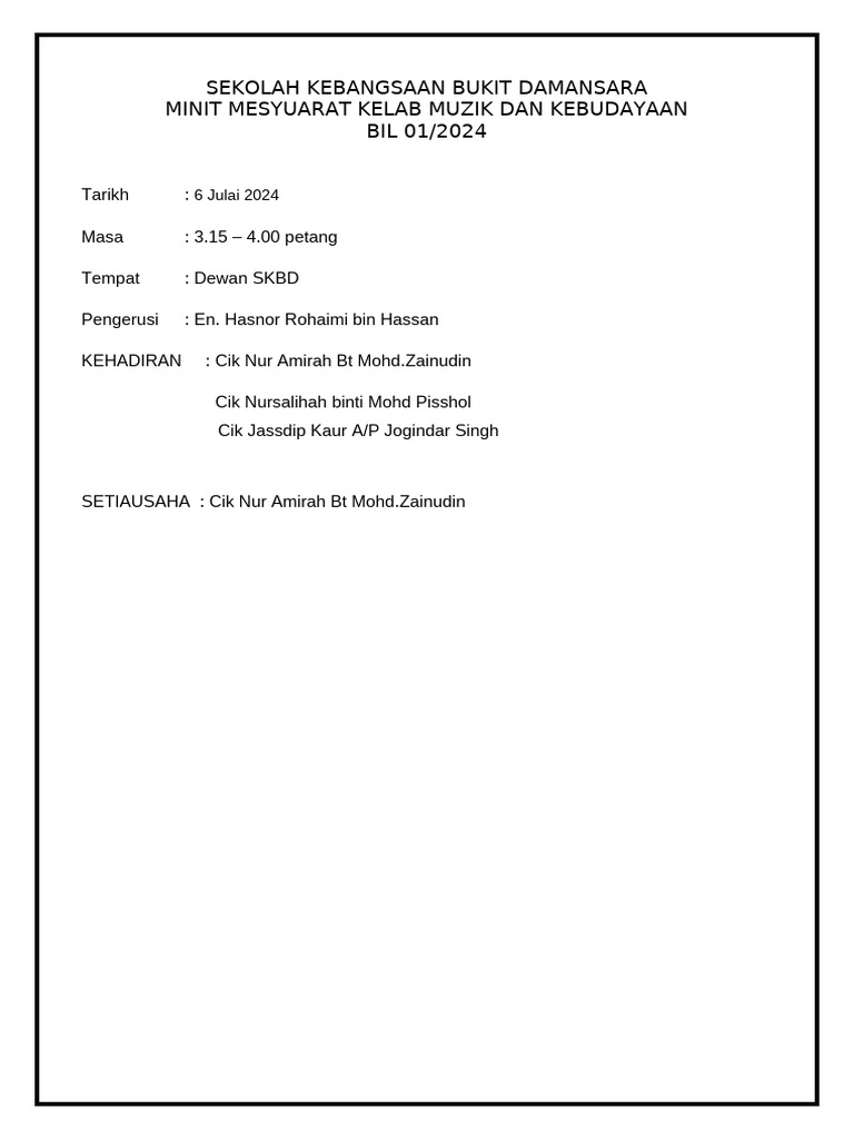 Minit Mesyuarat Kelab Muzik Dan Kebudayaan 2024 | PDF