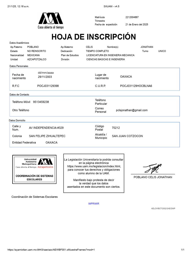 Inscripción Jonathan Poblano UAM Azcapotzalco | PDF