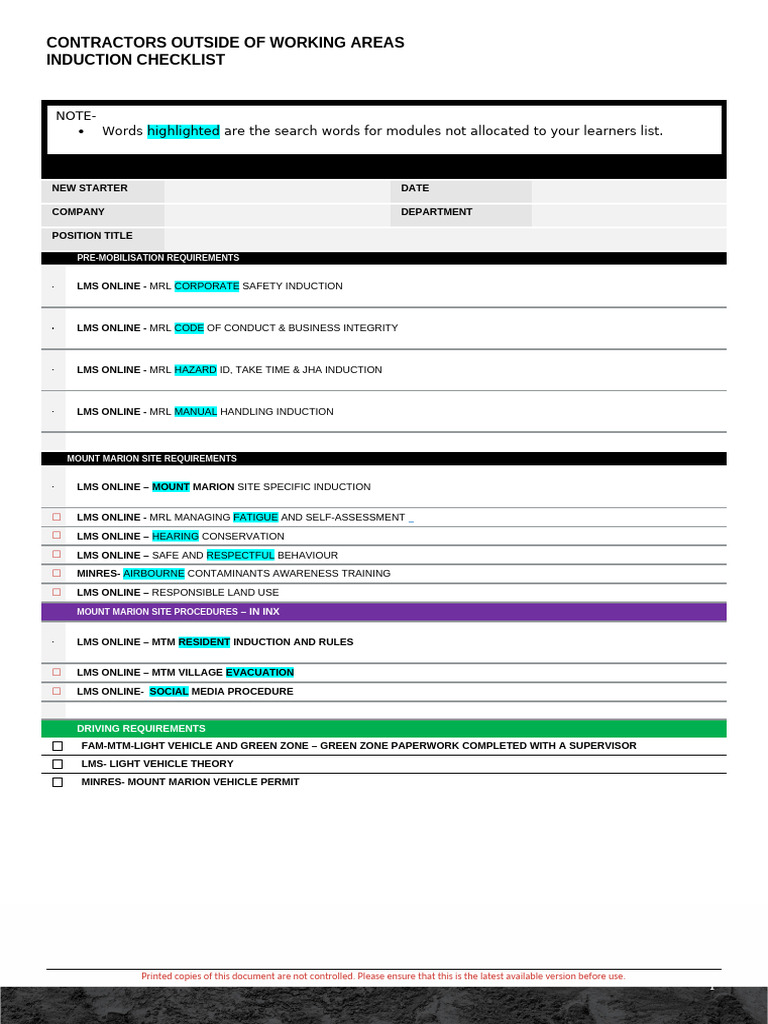 Contractors Outside Work Areas Induction Checklist | PDF