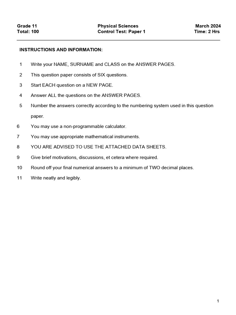 PHSC Gr 11 Control Test 1 2024 final(2)(1) | PDF | Force | Velocity