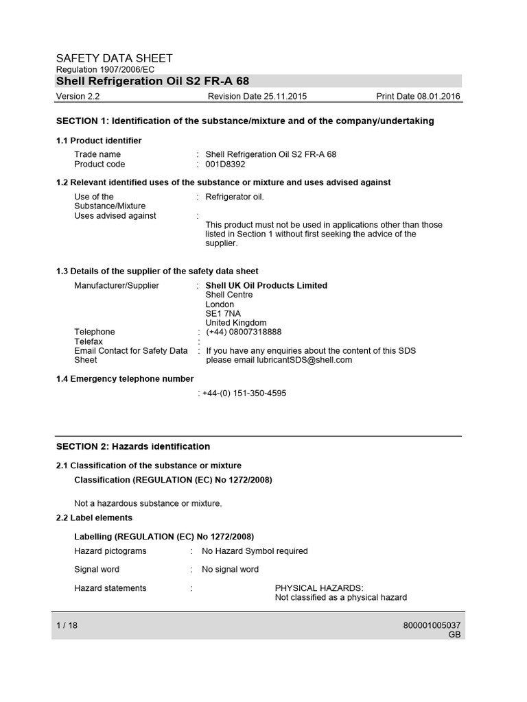 1480955582-MSDS Refrigeration Oil S2 FR-A 68 | PDF | Toxicity ...