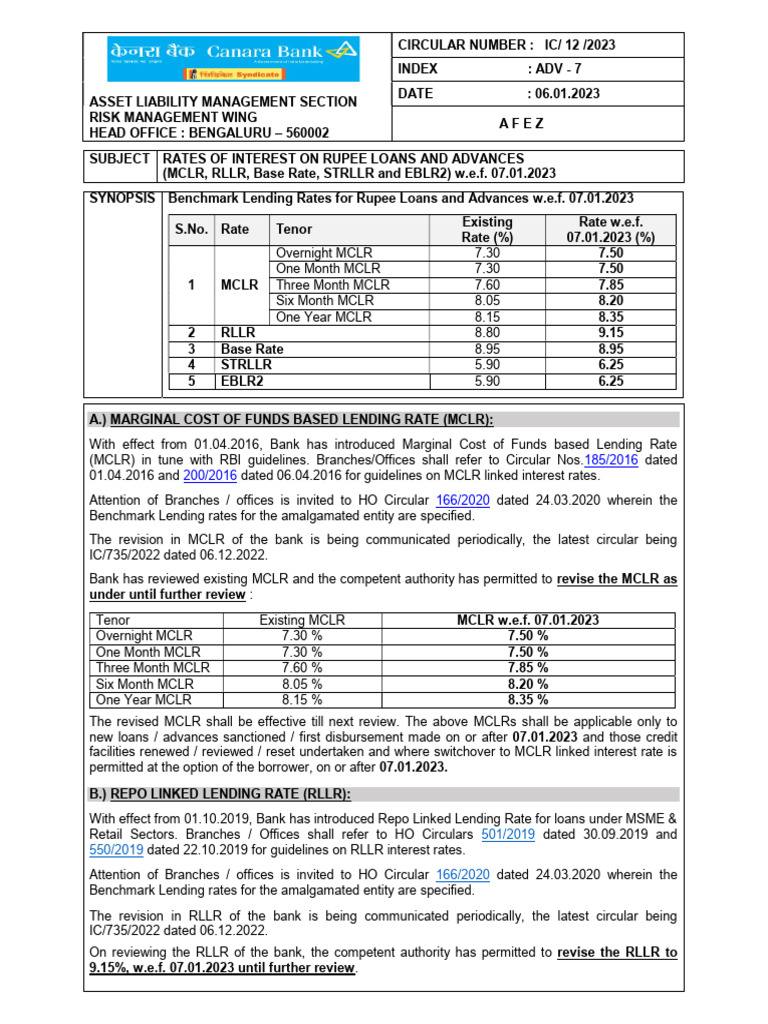 Benchmark Lending Rates W.E.F 07.01.2023 | PDF | Loans | Banks
