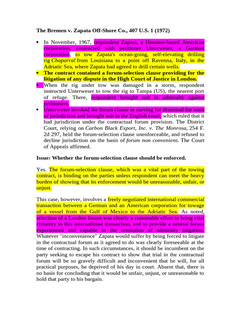 Bremen v. Zapata: Forum-Selection Clause | PDF