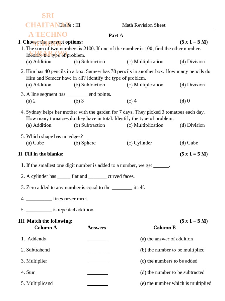 Grade 3- Math Revision Sheet | PDF | Subtraction | Mathematics