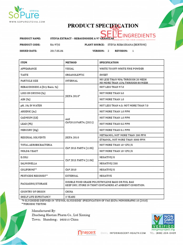 Stevia Ext RA 97G - Sele Ingredient - Produk Spek (Zhucheng Haotian ...