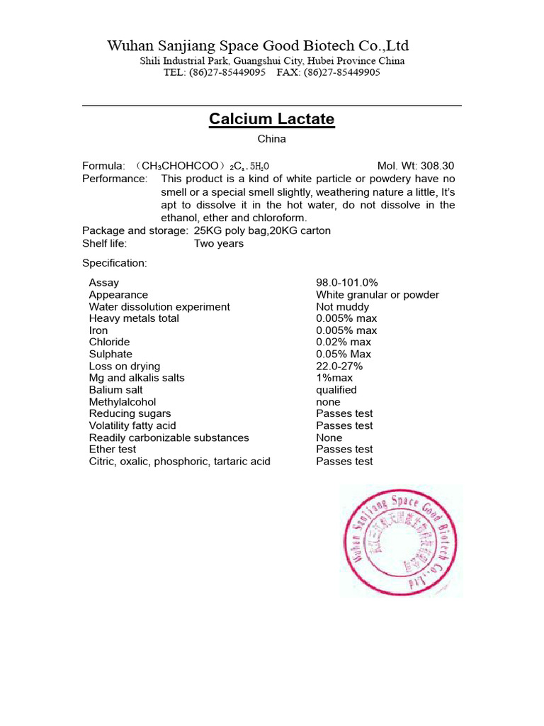 Calcium Lactate - PS (Wuhan Sanjiang-China) | PDF