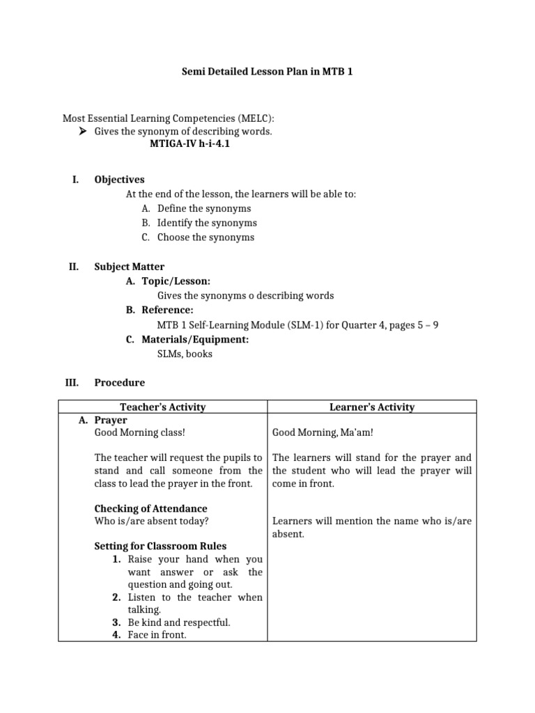 Lesson Plan: Synonyms in MTB 1 | PDF | Teachers | Lesson Plan