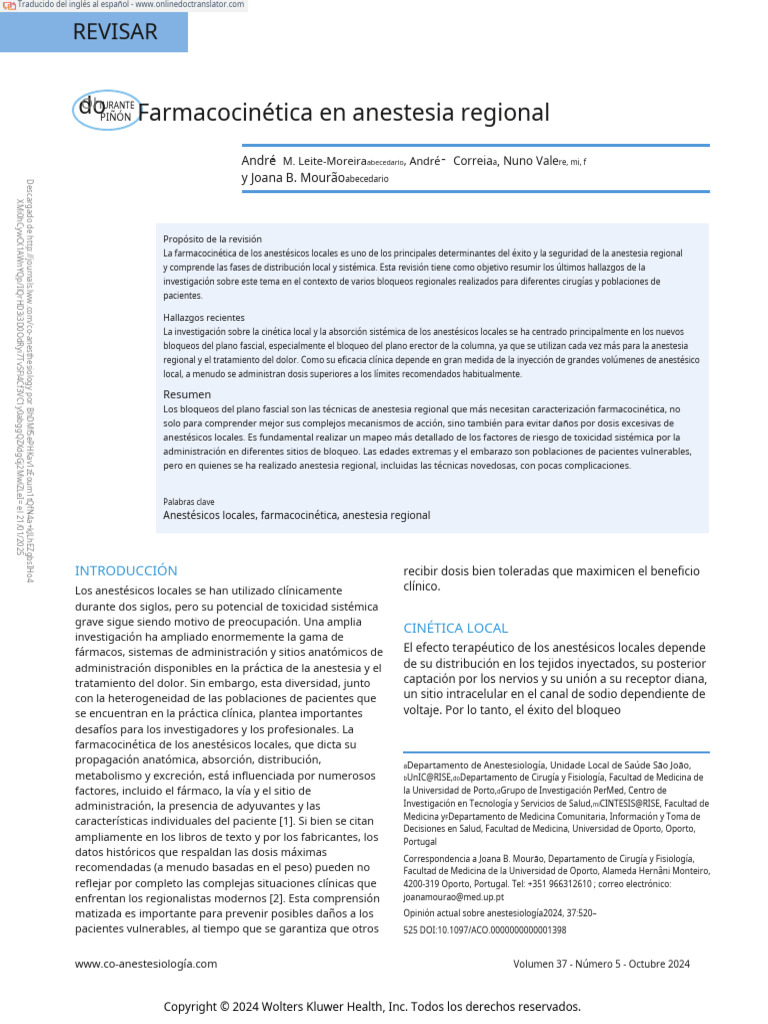 Farmacocinética De Anestésicos Locales Pdf Anestesia Farmacocinética