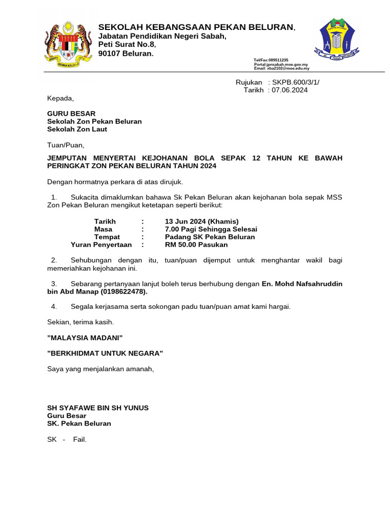 Surat Jemputan Menyertai Bola Sepak MSS Zon Pekan | PDF