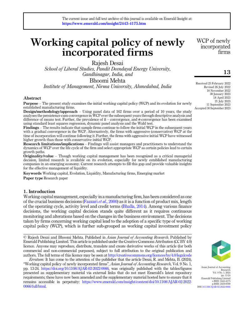 Working Capital Policies in New Firms | PDF | Working Capital | Capital ...