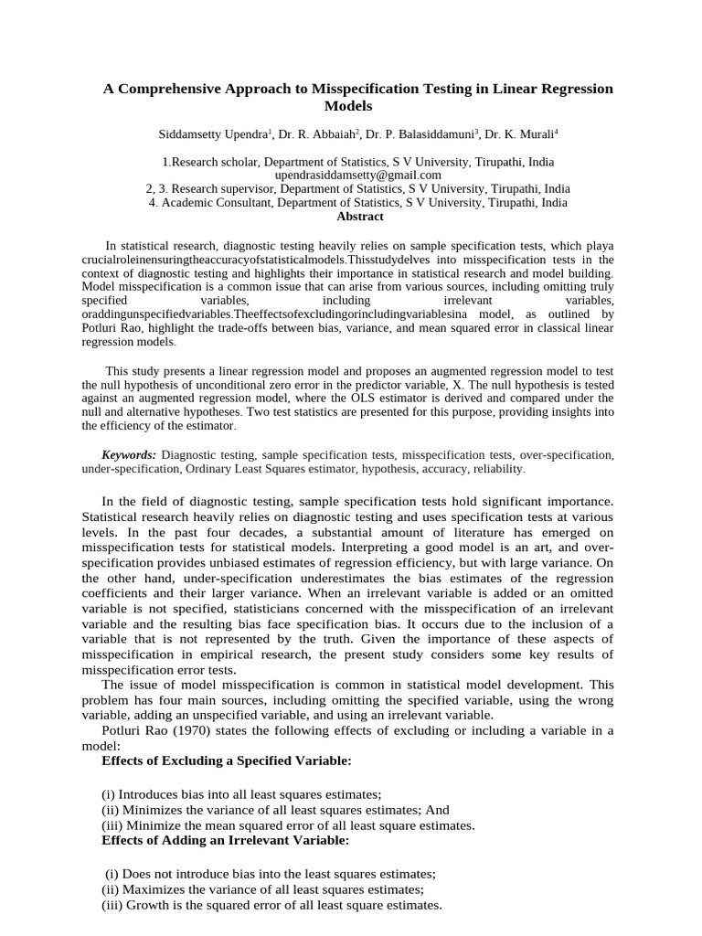 A Comprehensive Approach To Misspecification Testing In Linear Regression Models Pdf Errors