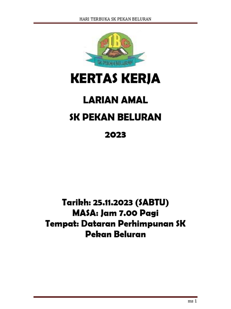 Kertas Kerja Larian Amal 2023 Pibg | PDF