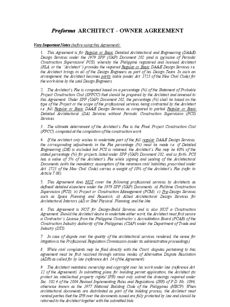 Proforma Architect - Owner Agreement: Very Important Notes | PDF ...