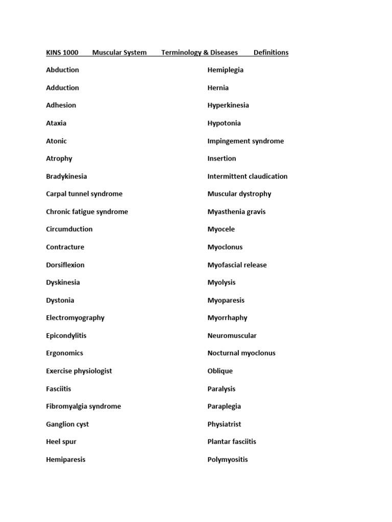 KINS 1000 Muscular System Terminology and Diseases Definition Sheet-1-1 ...