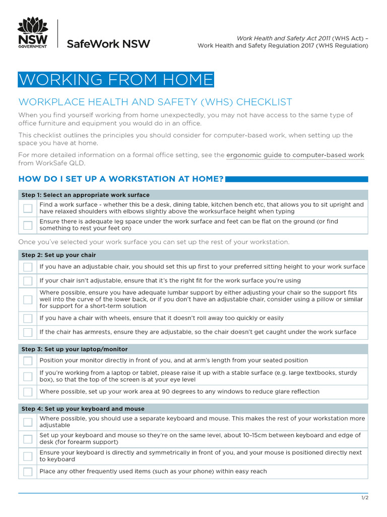Working From Home Workplace Checklist | PDF | Chair | Manufactured Goods