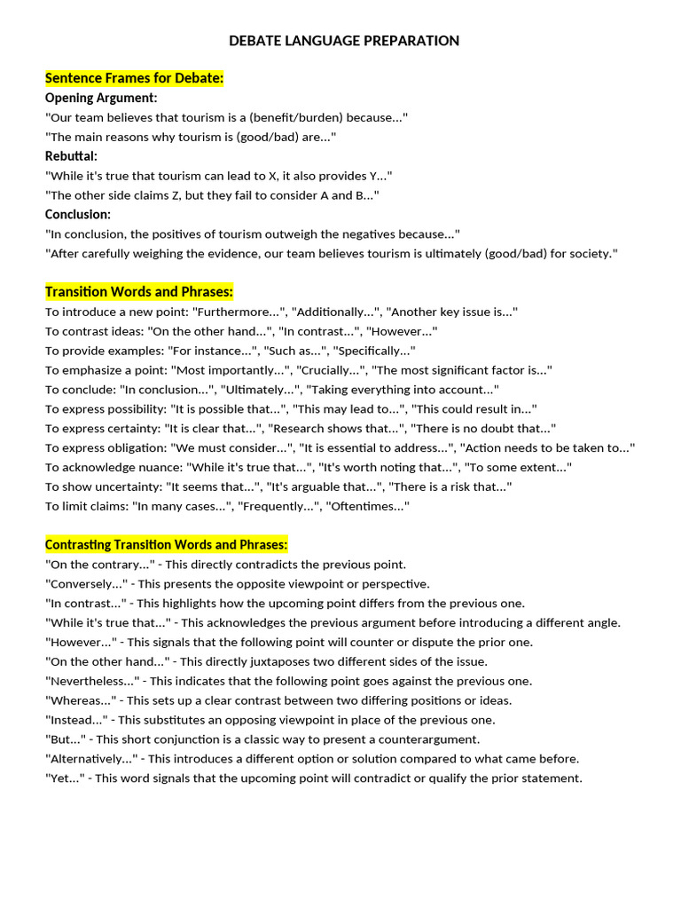 Debate Language for Tourism Arguments | PDF | Argument