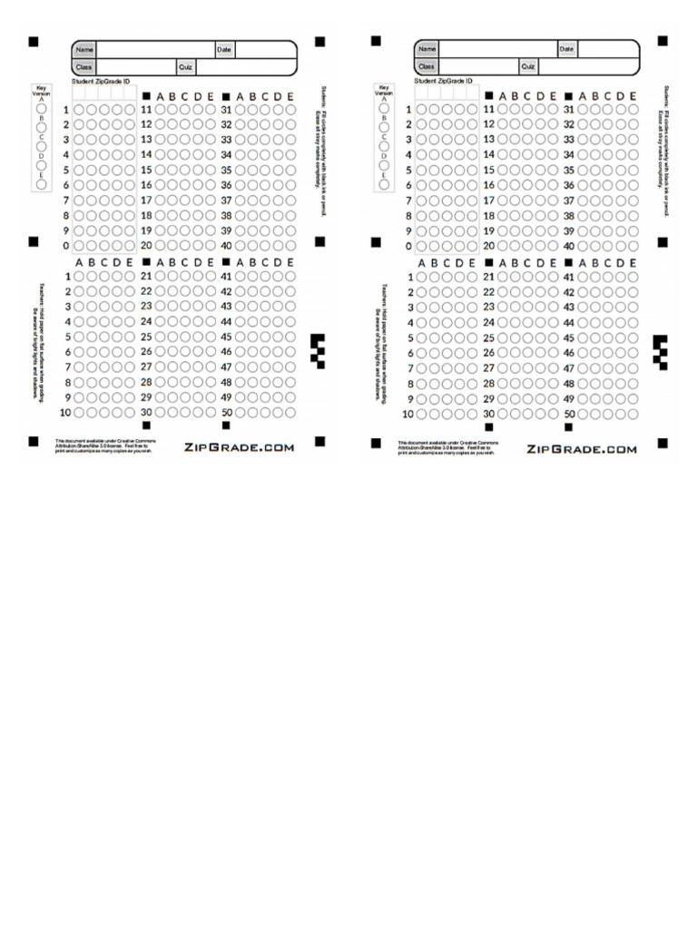 ZIPGRADE-ANSWER SHEET - BY 4s | PDF