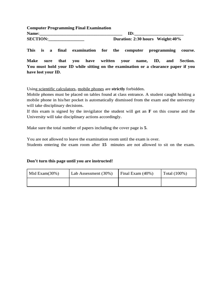 Computer Programming Final Re-Examination Answer Key | PDF | Parameter (Computer Programming ...